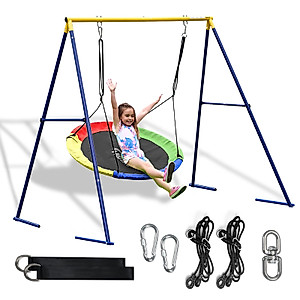 Hishine 43" Saucer Swing Set und Swing Stand for Porch Outdoor Heavy Duty Swing Frame, Full Steel Metal Frame with 4 Ground Pegs, 71" Height Holds Up to 550lbs