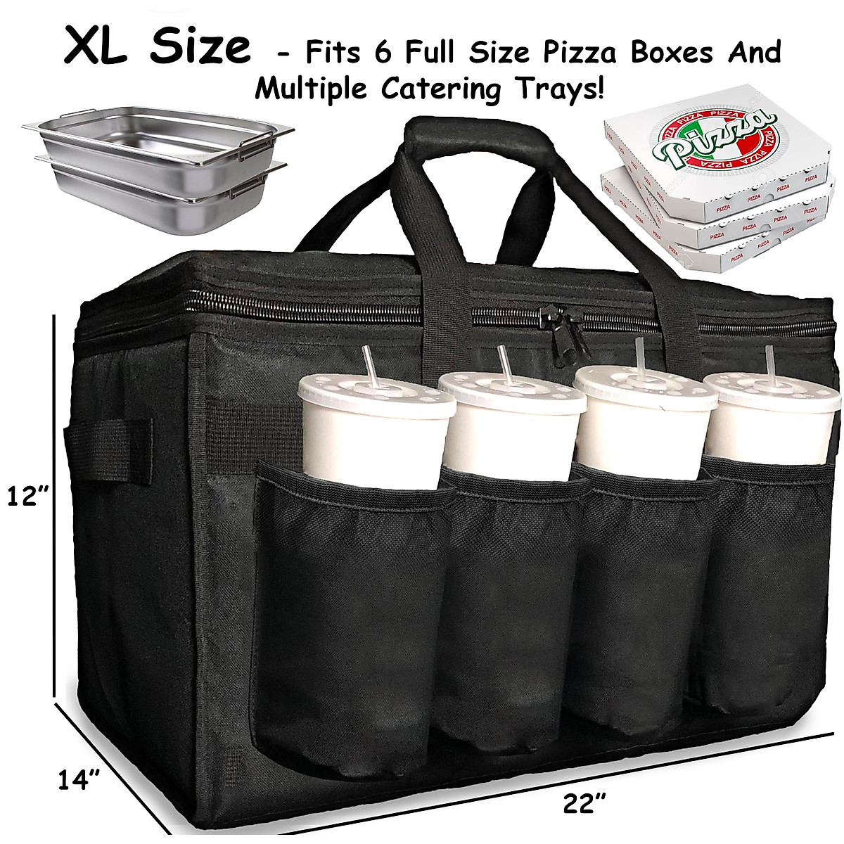 FRESHIE Insulated Food Delivery Bag with Cup Holders/Drink Carriers Premium, For Doordash, Uber Eats, Grubhub, Pizza Bag, Catering, Beverage, Commercial Quality (XL)