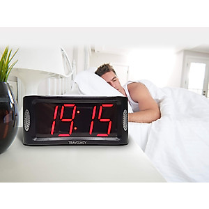 Travelwey Digital Alarm Clock - Outlet Powered, No Frills Simple Operation, Large Night Light, Alarm, Snooze, Full Range Brightness Dimmer, Big Red LED Digit Display, Black