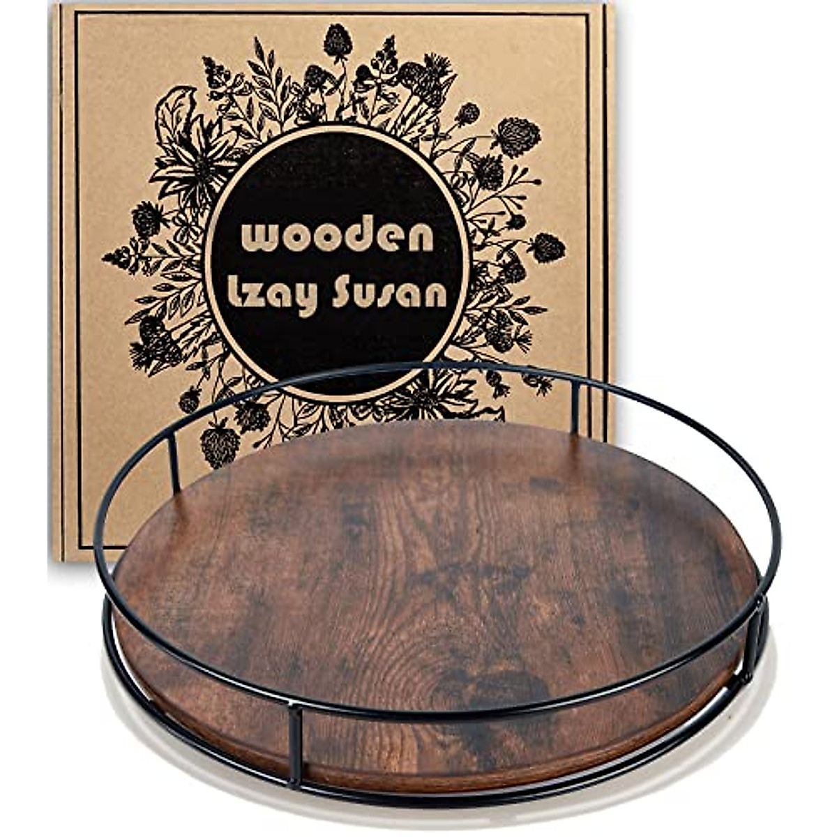 12 Inch Wood Lazy Susan Turntable for Table, Kitchen Rustic Brown Turntable Organizer with Steel Frame, 360 Degree Decorative Turntable for Countertop Cabinet or Centerpieces