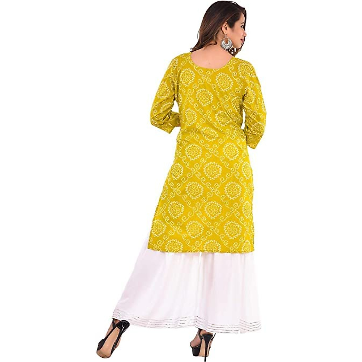 Vrnda Indian Women's Jaipuri Bandhani Printed Straight Cotton Kurti & Rayon Sharara Set For Women (L)