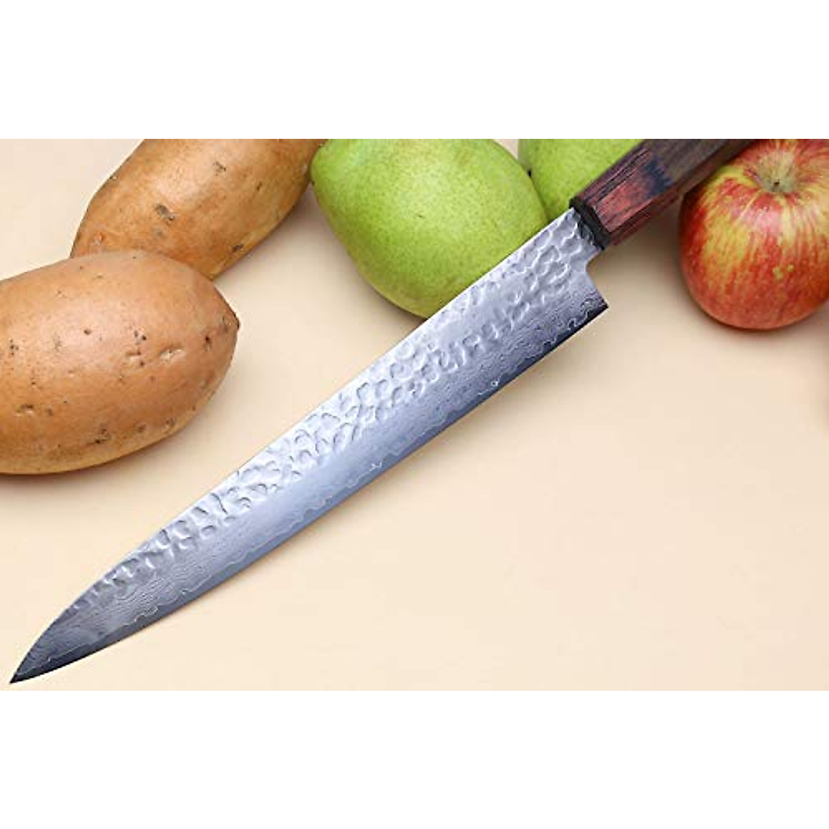 Yoshihiro VG-10 46 Layers Hammered Damascus Sujihiki Japanese Slicer Knife (9.5'' (240mm) Rosewood Handle)
