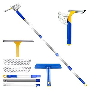 BITOPE 2 in 1 Squeegee for Window Cleaning, 60" Extension Pole Long Handle Window Cleaner Tool,12" Window Squeegee and 2pcs 11" Microfiber Pads for Shower Glass Door, High Window Cleaning Kit