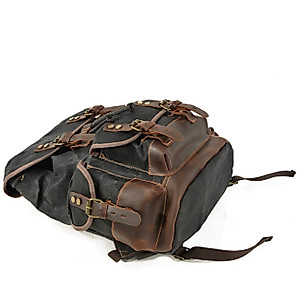 WUDON Men Travel Backpack, Genuine Leather-Waxed Canvas Shoulder Hiking Rucksack (Green)