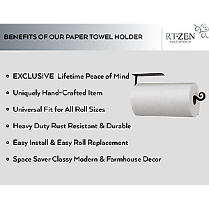 RTZEN Under Cabinet Paper Towel Holder - Wrought Iron Cute Black Farmhouse Decor Inside Cabinet or Under Counter - Paper Towel Holder for Kitchen or Under Sink Paper Towel Holder for Bathroom