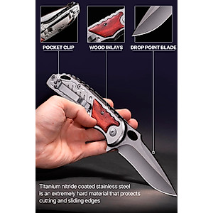 Grand Way Spring Assisted Knife - 5Cr15MoV Sharp Folding Blade - Pocket Knife with Wood Handle - Best Durable Tool for EDC Camping Survival Work - Mens Gifts Idea for Dad Husband Boyfriend 97010