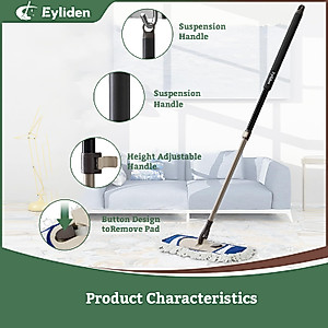 Eyliden Dust Mop with 2 Reusable Washable Pads - One Touch Replacement, Height Adjustable Handle, Wet & Dry Mops for Floor Cleaning, Hardwood, Laminate, Tile Flooring Push Dust Broom