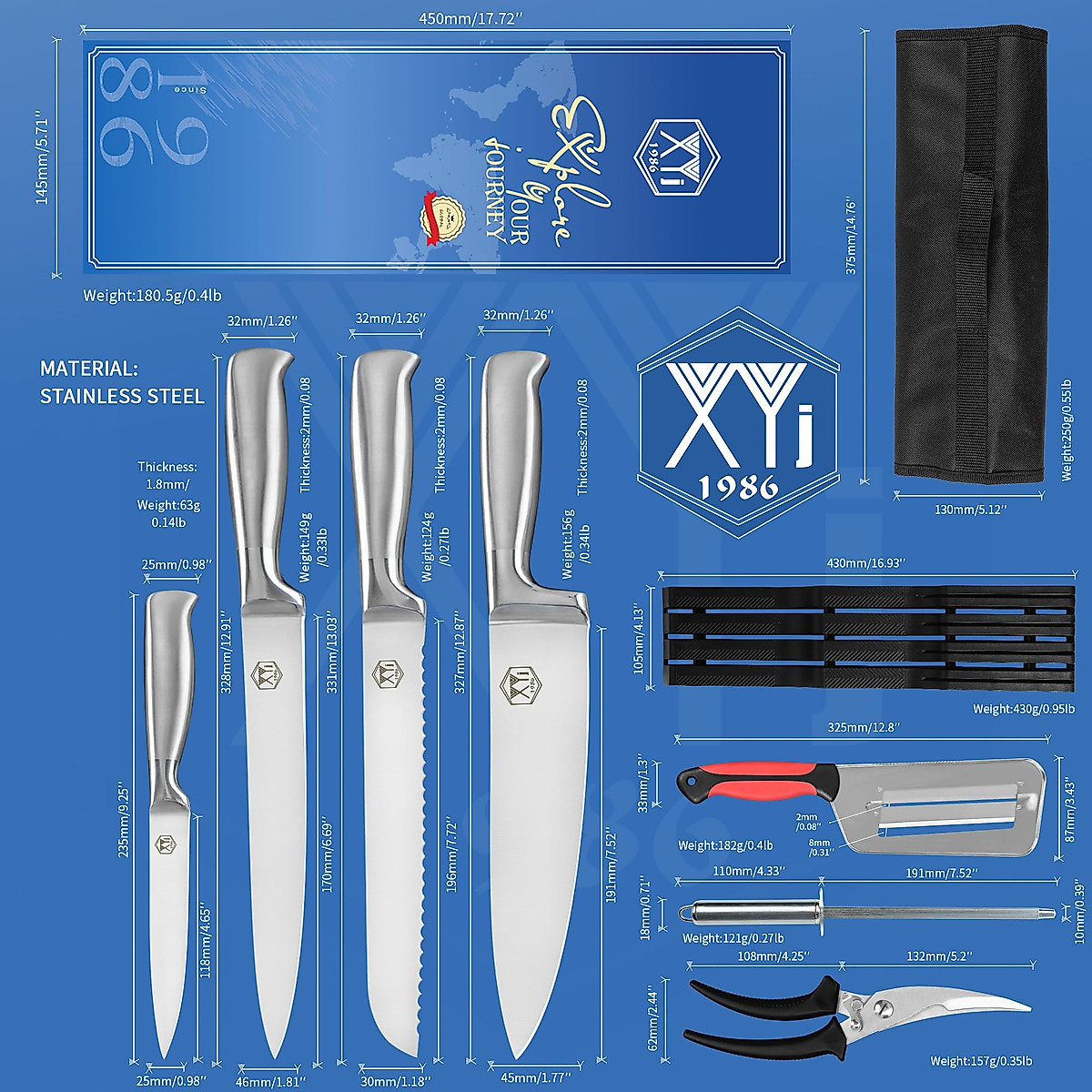 XYJ Professional Knife Sets,Chef Knife Set with Bag,Case,Scissors,Culinary Kitchen Butcher Meat Cleaver,Cooking Cutting,Bread,Utility,Fruit