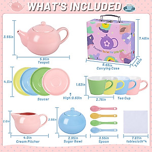 Porcelain Tea Party Set for Little Girls, 22 Pcs Princess Tea Time Toy Including Teapot,Saucers,Teacups,Sugar Bowl,Creamer Pitcher,Spoons & Tablecloth, Kids Kitchen Pretend Play for Girls Boys