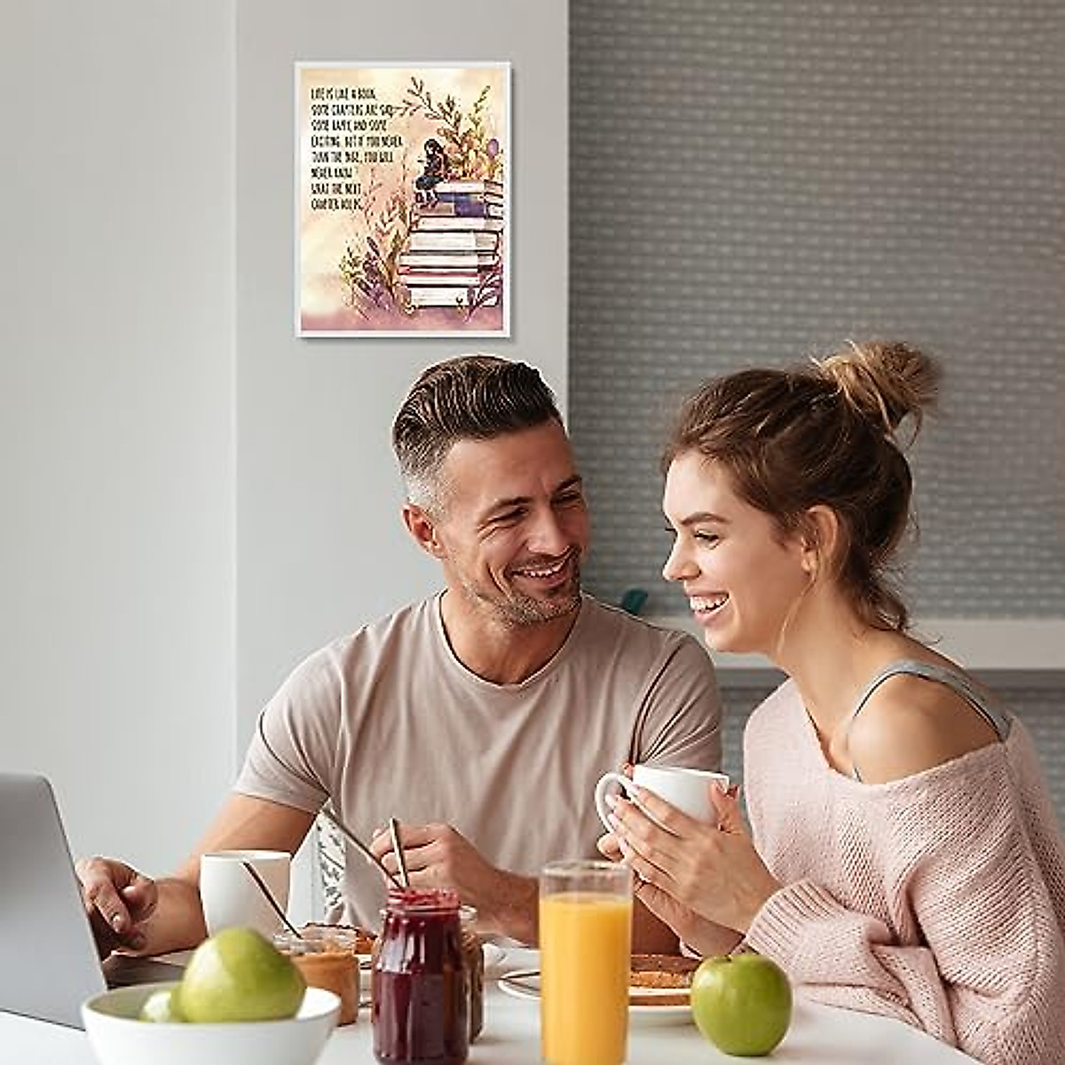 "Life Is Like A Book-Some Chapters Sad, Some Happy" Inspirational Wall Art -8 x 10" Floral Print w/Stacked Books Image-Ready to Frame. Home-Office-School-Library-Study Decor. Great Gift for Readers!