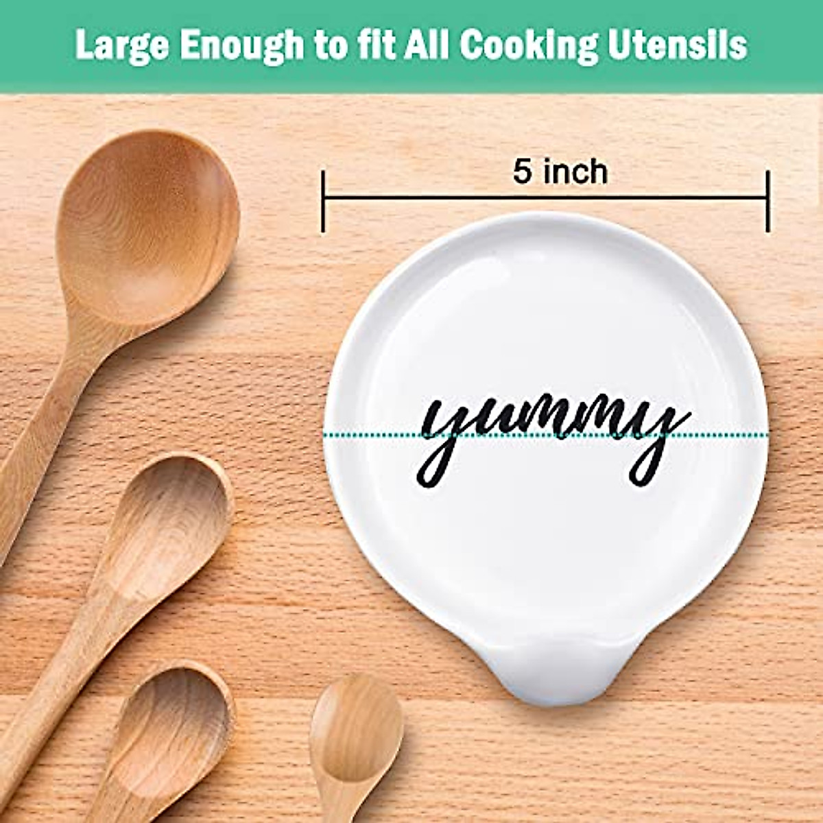 Large Spoon Rest for Stove Top & Kitchen Counter - Ceramic Utensil Rest White 5 Inch Oversized Spoon Holder - Farmhouse Home Décor for Coffee Cup & Tea Spoon, Cooking, Utensil, Ladle Rest, Yummy