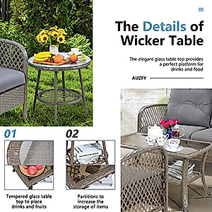 Auzfy Outdoor Patio Furniture Set, 7 Pieces PE Wicker Patio Conversation Sets, Rattan Outdoor Sectional Furniture Set with 4 Pillows & Coffee Table for Garden Backyard Deck, Grey Cushions