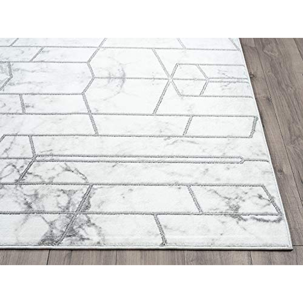 Abani Geometric Linear 5'3" x 7'6" (5x8) Rugs Living Room Area Rug - Modern Non-Shedding Marble White & Silver Abstract Lines Carpet