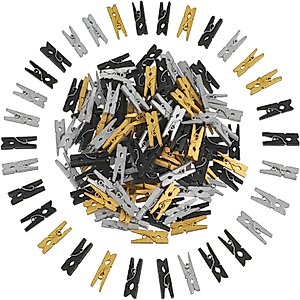 Jetec 200 Pcs Christmas Mini Wooden Clothespins for Craft Gold Silver Black Tiny Wooden Photo Paper Clip Wood Peg Pin Clips for Holding Photo Scrapbooking Picture Memo Card