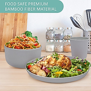 Stephan Roberts Bamboo Dinnerware Set, Eco-Friendly Bamboo Fiber Dinnerware, Dishes Set for 4, Includes Plates, Bowls & Cups, Reusable Unbreakable Dishware Set, Gray, 12PC Dinner Set