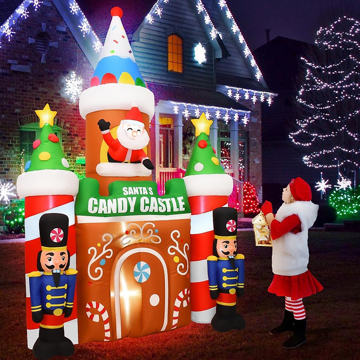 JETEHO 8.8FT Christmas Inflatables Candy Castle with Santa Nutcracker Soldier Inflatable Christmas Yard Decorations Outdoor Christmas Blow up with Build-in LED Lights for Garden Lawn Xmas Decor