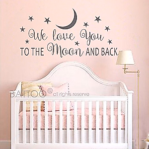 BATTOO Nursery Wall Decal - We Love You to The Moon and Back Wall Decal - Nursery Wall Decal - Moon and Stars Wall Decal - Childrens Room Decor(dark gray, 30"WX15"H)
