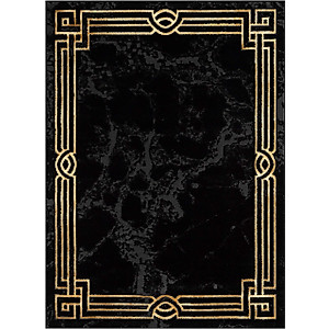 Well Woven Lezlee Abstract Modern 5'3" x 7'3" Area Rug Black Gold Marble Border - for Living Room, Dining Room, Bedroom