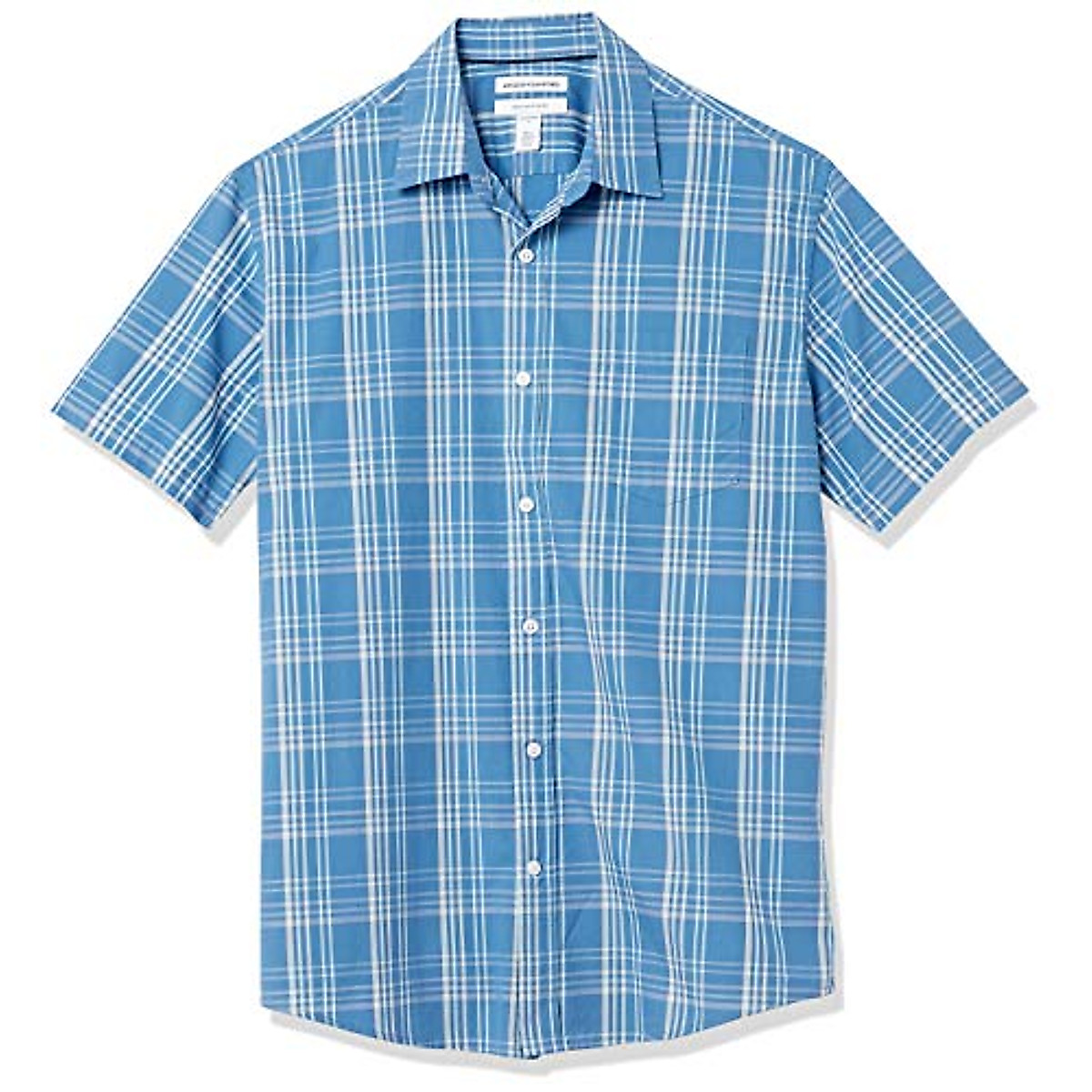 Amazon Essentials Men's Regular-Fit Short-Sleeve Poplin Shirt, Aqua Blue Checked, Large