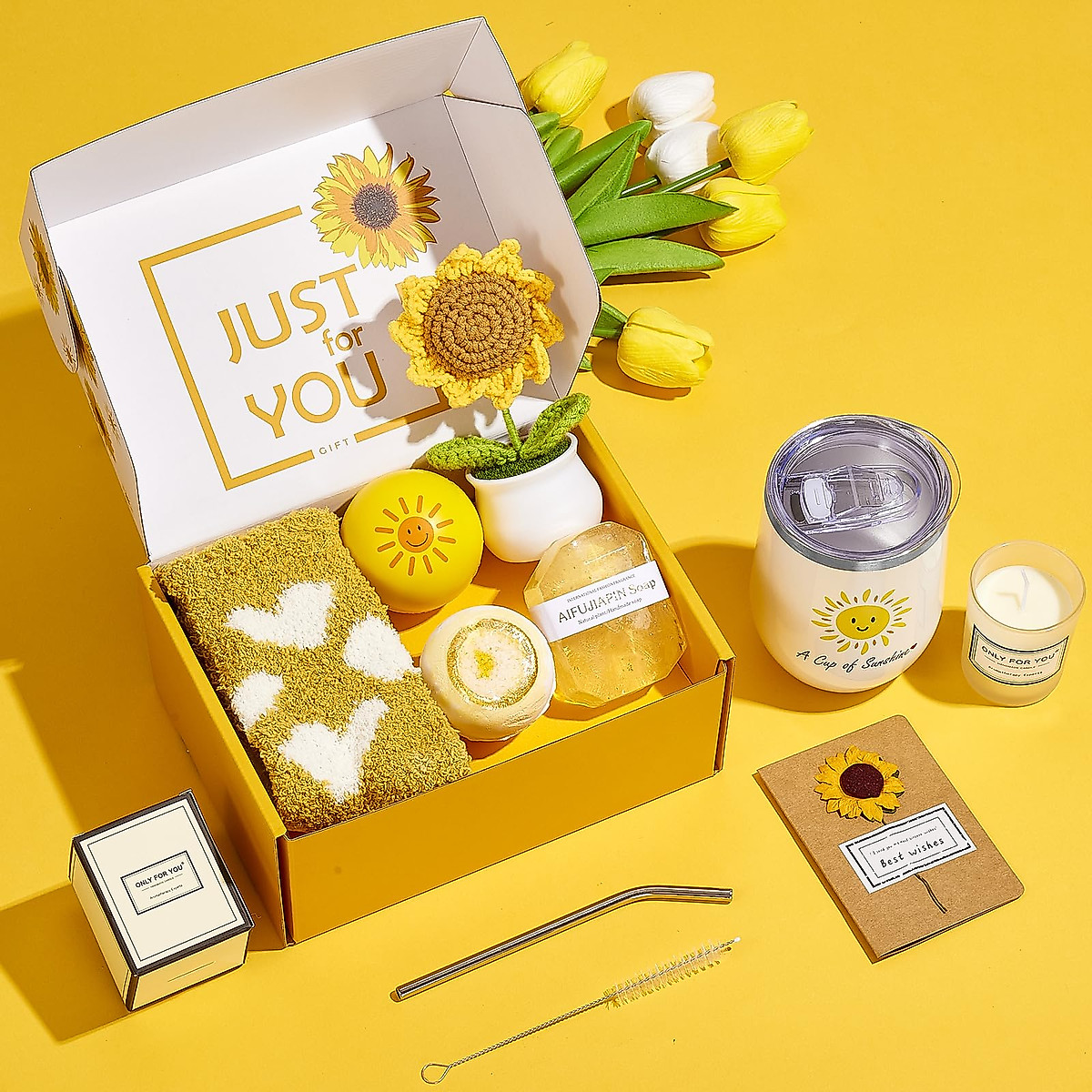 Gifts for Women, Self Care Package for Women Crochet Sunflower Gift Baskets for Women Birthday, Mothers Day Gifts Unique Sending Sunshine Gifts