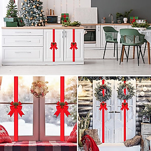 Crowye 8 Pcs Christmas Cabinet Ribbons Bows with Pine Cone Large Christmas Cabinet Door Ribbon Cabinet Bows for Indoor Furniture Kitchen Window Home Door Holiday Party Supplies (Red and Black Plaid)