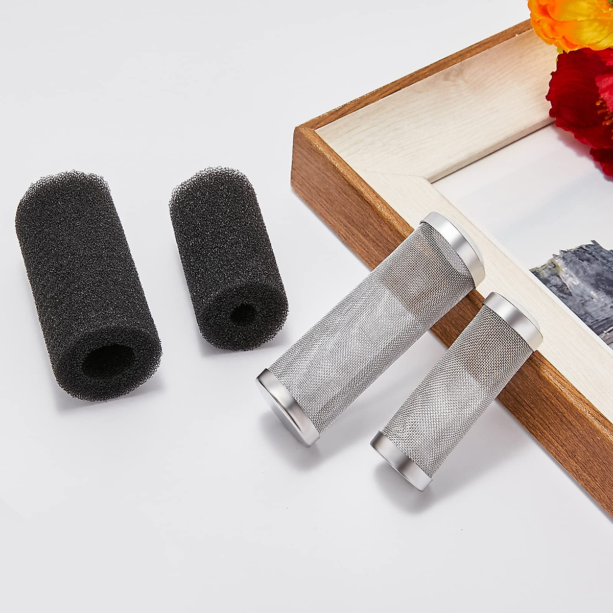 XCRUI 2 Pcs 12mm/16mm Stainless Steel Aquarium Filter Intake Guard Mesh Cover,Fish Tank Filter Guard with 2PCS Filter Sponge for Breeding Fish Shrimp Tank