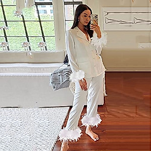 Comfy Pajama Sets for Women Silk Satin Pajamas Loungewear Solid Color Button-Down Casual Lounge Sleep Set V Neck Set White