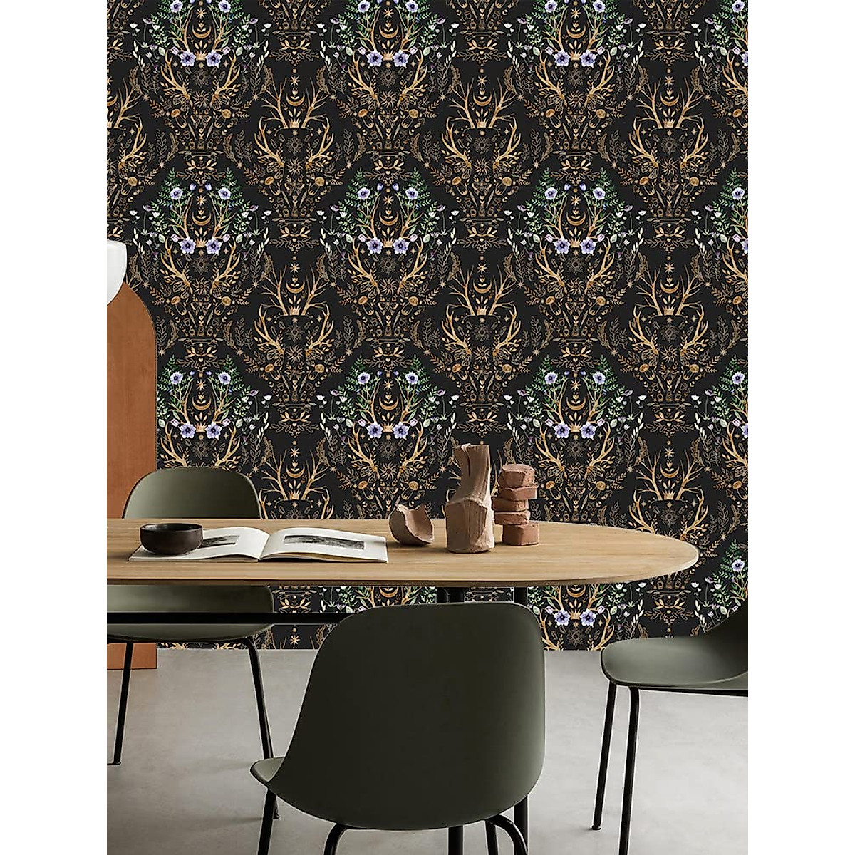 HAOKHOME Gothic Wallpaper Peel and Stick Retro Floral Damask Bronze/Black/Purple Witchy Wall Decor Bathroom Removable Mural 17.7in x 9.8ft