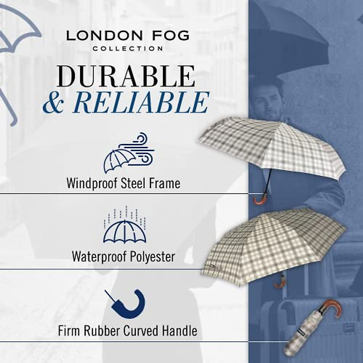 London Fog Rain Umbrella, Automatic Folding Umbrella, Windproof, Lightweight and Packable for Travel, Full 44 Inch Arc, Khaki Plaid