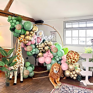 Pink Wild One Balloon Arch with Backdrop 59x40 Inch for Wild One Birthday Decoration, Safari Jungle Balloons Garland Arch Kit Giraffe Pink Sage Green Balloons of First 1st Birthday Decorations Girl