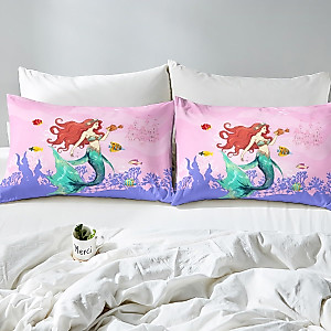 Mermaid Duvet Cover Set Twin Size,Goldfish Seaweed Cartoon Bedding Set 2pcs for Kids Teens Boys Girls Room Decor, Marine Life Comforter Cover Pink Castle Romantic Quilt Cover with 1 Pillowcase