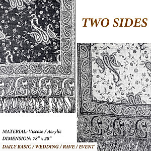 Achillea Soft Silky Reversible Paisley Pashmina Shawl Wrap Scarf w/Fringes (Black White)