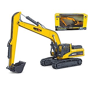 Gemini&Genius Long Reach Excavator Toy for Kids, Heavy Duty Construction Vehicle Digger Toys, 360-degree Rotatable Driver's Compartment, Multi-Jointed Movable Tracked Vehicle for Kids Gift (Yellow)