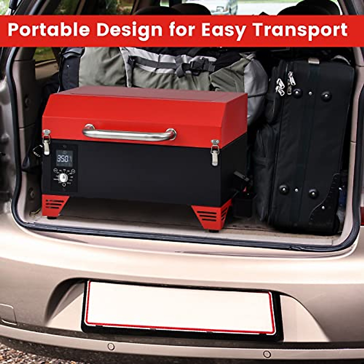 ORALNER Portable Pellet Grill and Smoker, 8 in 1 Tabletop Smoker Outdoor BBQ w/ Auto Temp Control for Camping RV Travel Tailgating Apartment Cooking, Small Wood Pellet Smokers w/ LCD Screen, Grease Bucket, Stainless Steel Meat Probe (Red)