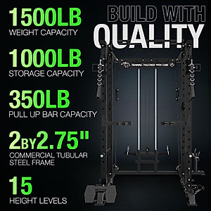 Mikolo Power Cage, 1500lbs Power Rack with LAT PullDown and Cable Crossover System, Squat Rack with Pulley System, Weight Cage for Home Gym with Training Attachments(BLACK)