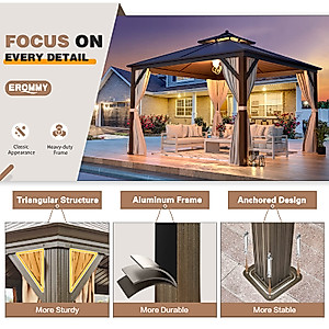 EROMMY 12' x 12' Gazebo, Outdoor Galvanized Steel Roof Hardtop Canopy with Aluminum Frame, Permanent Metal Pavilion with Netting and Curtains, for Patio Backyard Deck and Lawns