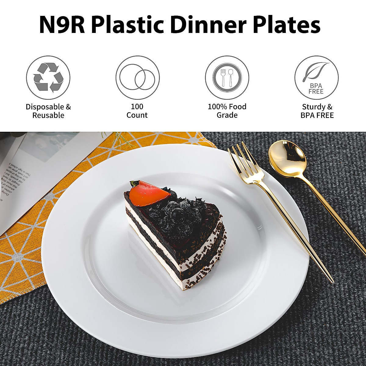 N9R 100PCS White Plastic Plates, Plastic Disposable Plates 10.25inch, Premium Heavy Duty Dinner Plates, Elegant and Fancy Party Plates