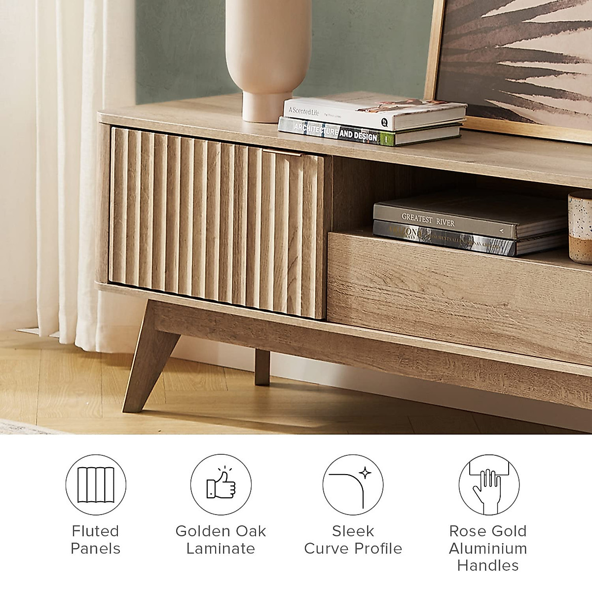 mopio Brooklyn Mid-Century Modern TV Stand, for TVs up to 50” / 59" Waveform Panel, Sleek Curved Profile with Adjustable Shelf and Sturdy Box Frame Leg (Golden Oak, 47")