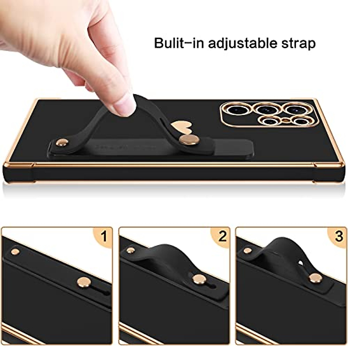 BENTOBEN Galaxy S22 Ultra Case,Slim Luxury Heart Design Plated Soft Bumper Women Men Girl Protective Case Cover with Strap for Samsung Galaxy S22 Ultra 6.8 inch,Black/Gold