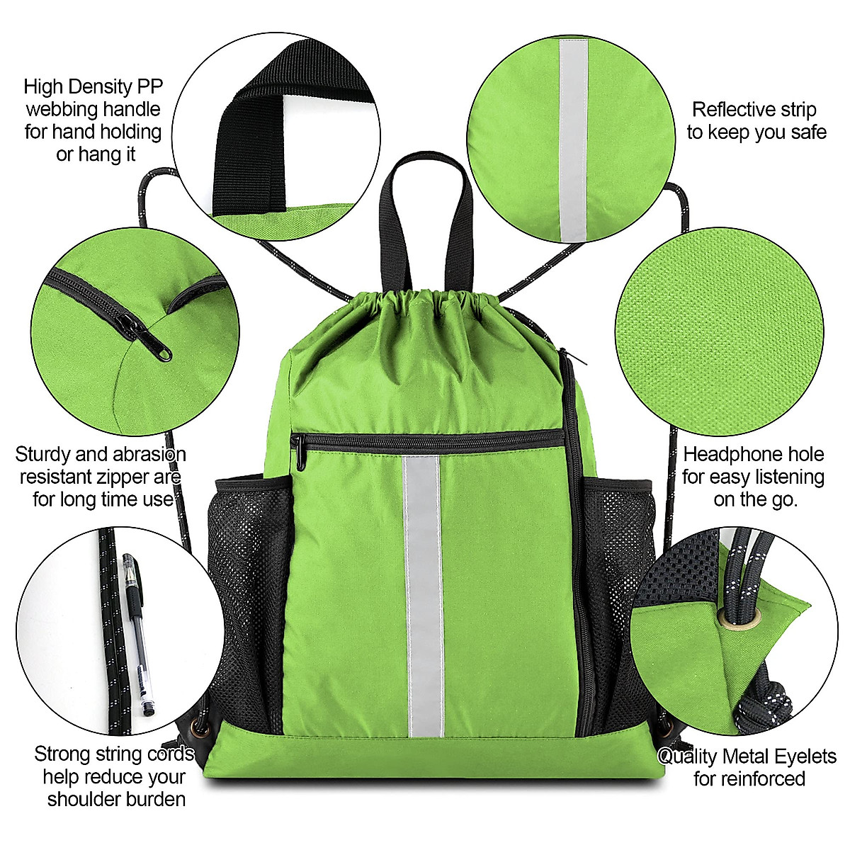 BeeGreen Cinch Bag Backpack String Gym Sackpack with Shoe Compartment and Two Side Mesh Pockets Large Lightweight Portable Sport Drawstring Sack