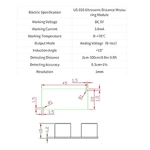 Ultrasonic Sensor, US-016 Analog Voltage Output High Exactness Ultrasonic Distance Rangefinder DC 5V 2cm-300cm
