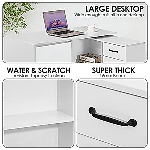 VANSPACE L-Shaped Rotating Computer Desk 68 inch with Storage Shelves Home Office Corner Desk with Drawers and File Cabinet Multipurpose Study Writing Table for Bedroom Small Space White