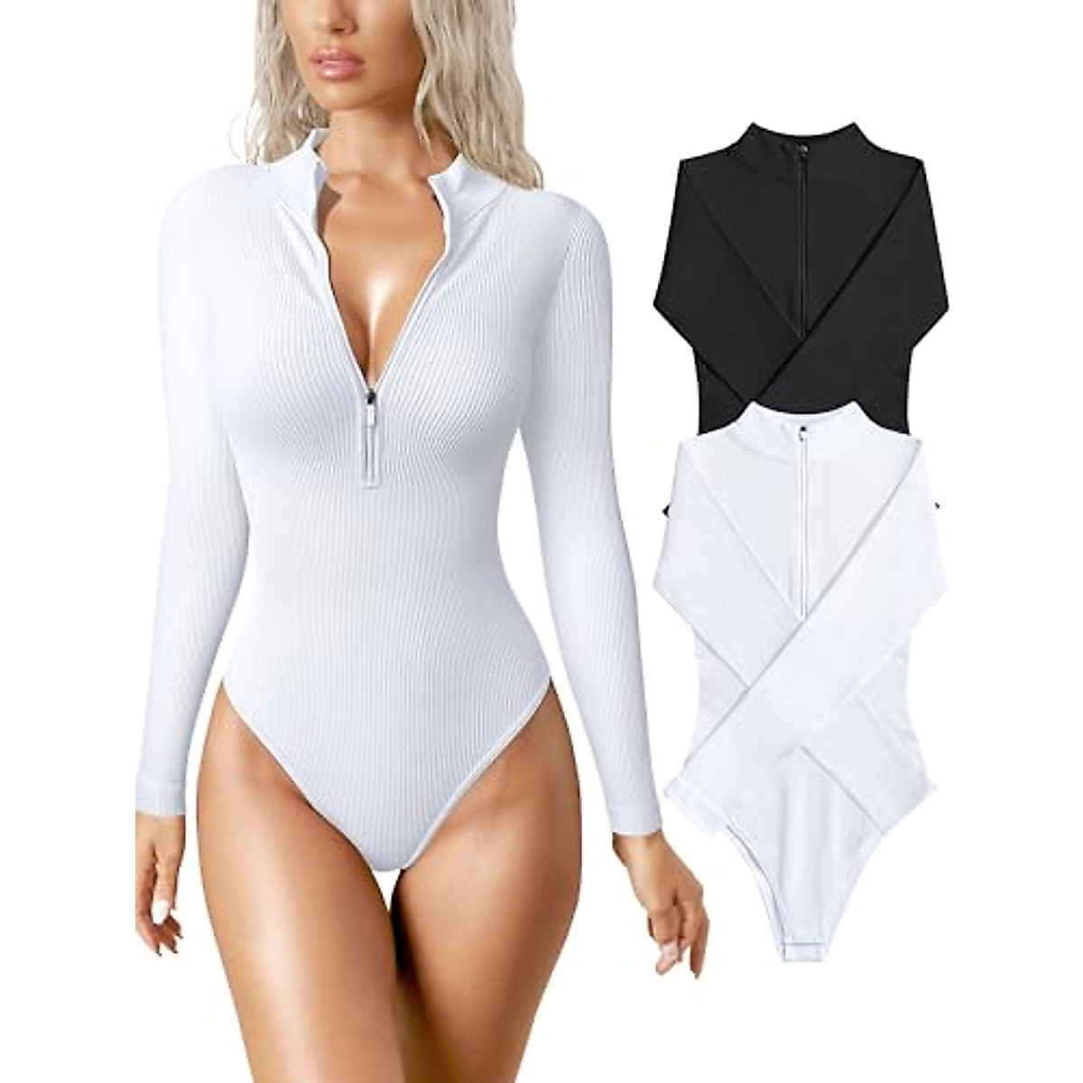 OQQ Women's 2 Piece Bodysuits Sexy Ribbed One Piece Zip Front Long Sleeve Tops Bodysuits Black White