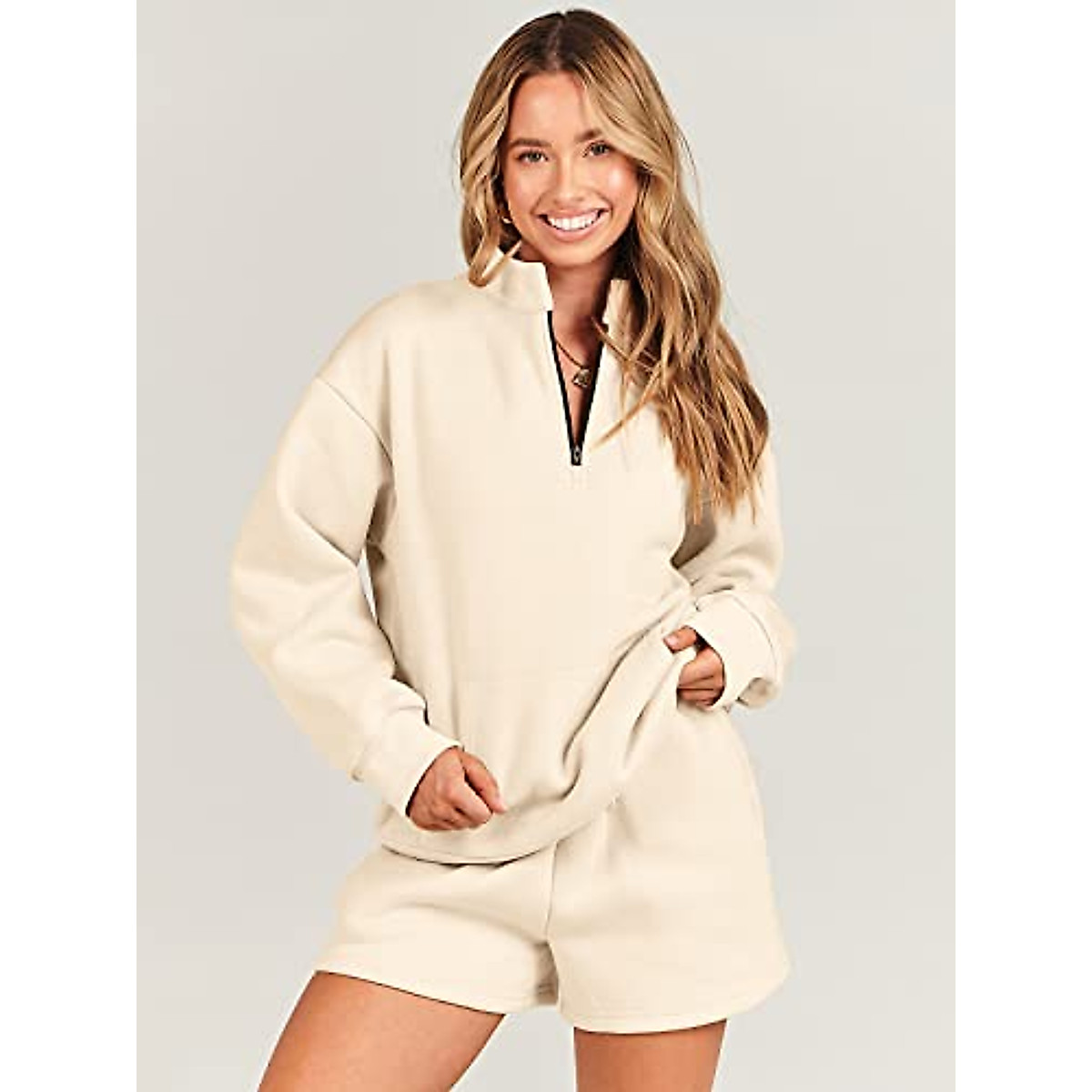 ANRABESS Women Two Piece Outfits 2023 Fall Clothes Set Sweatsuit Oversized Half Zipper Fleece Sweatshirt Casual Comfy Short Lounge Matching 1030mibai-S