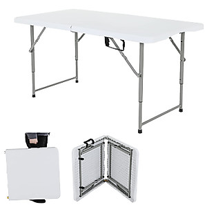 Dkeli Folding Table 4 Foot Portable Picnic Table Plastic Adjustable Height Heavy Duty for Indoor Outdoor Camping, Picnic and Party, Fold in Half with Handle and Steel Legs, White