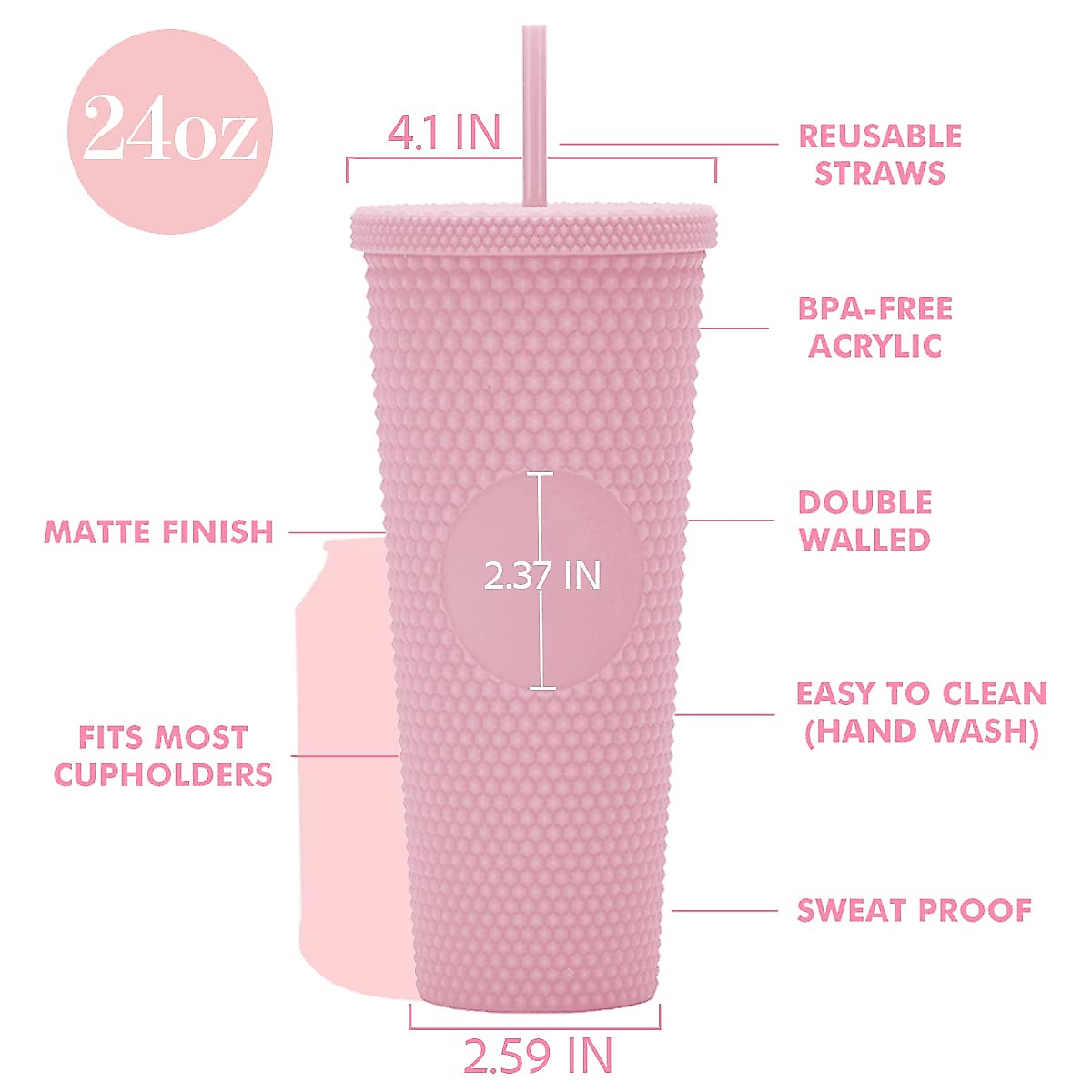 24oz DIY Studded Tumbler.Matte Light Pink Studded Tumbler with Lid and Straw.Reusable Double Walled Insulated Travel Tumbler.Plastic Acrylic Pastel Colored Tumbler Cup for Iced Coffee Smoothie.