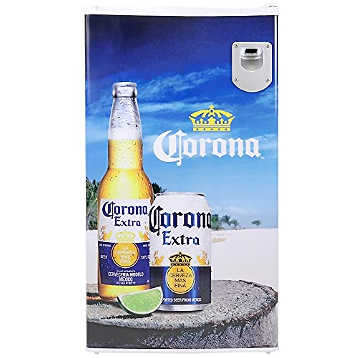 Corona Compact Fridge with Bottle Opener, 90 L/ 95 Quart 3.2 Cubic Foot for Snacks, Beverages, Juice, Beer, Den, Dorm, Office, Games Room, or RV