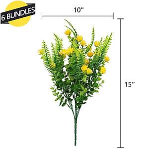 GREENRAIN 6 Bundles Artificial Flowers Outdoor Fake Plants UV Resistant Faux Plastic Flowers Garden Window Box Porch Home Decor Yellow + Purple