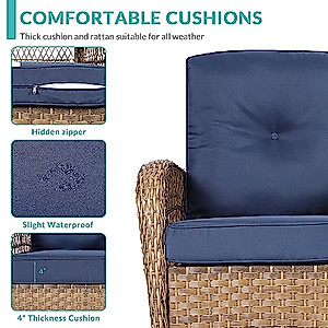 MEETWARM Outdoor Wicker Rocking Chair, Rattan Patio Rocker Chairs with Cushions and Steel Frame - Navy Blue