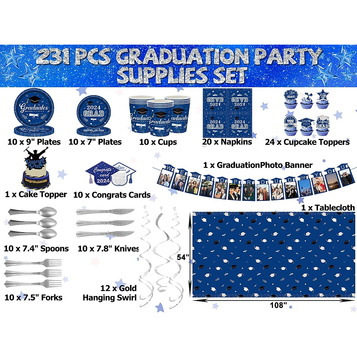 Graduation Decorations Class Of 2024, 231PCS Party Decorations, Graduation Decorations with Backdrop balloons Paper Plate Cup Napkin Cutlery Tablecloth Balloon Garland (Blue and Silver)